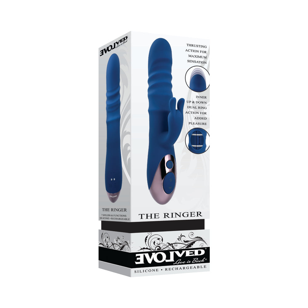 Evolved The Ringer Rechargeable Thrusting Silicone Rabbit Vibrator Blu – Red Garter